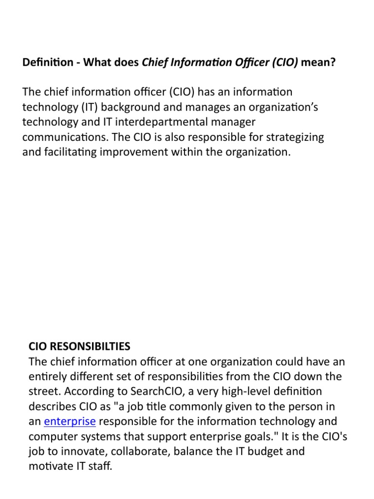 Definition - What Does Chief Information Officer (CIO) Mean? | PDF ...