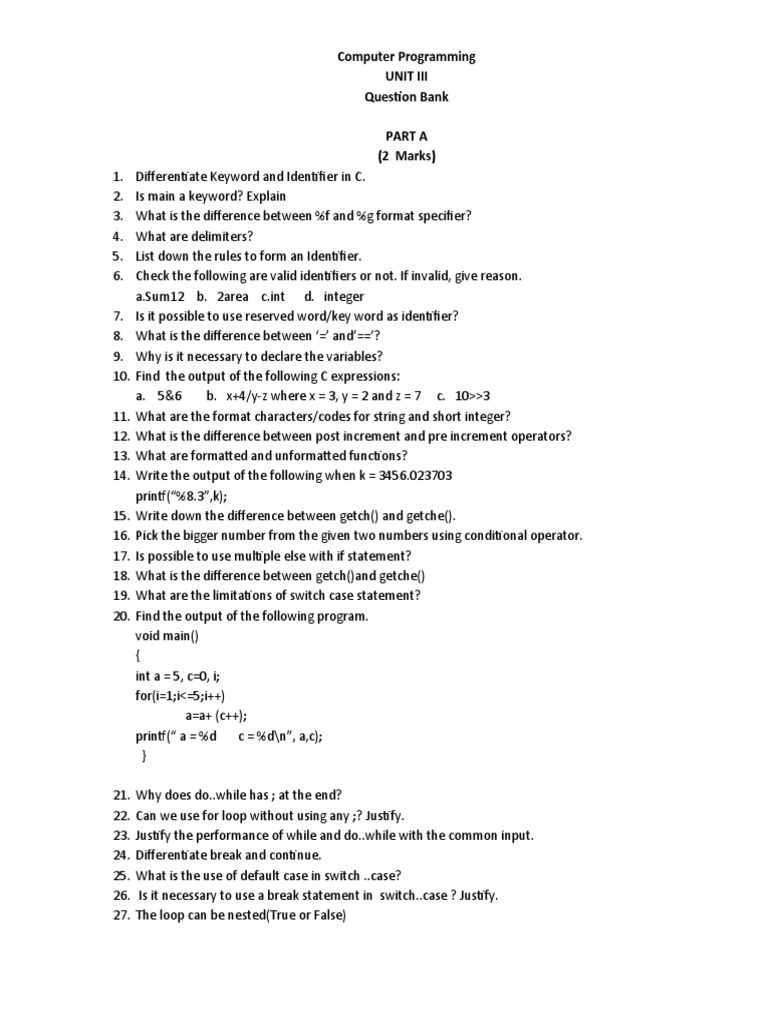Computer Programming Unit Iii Question Bank Part A (2 Marks) | PDF ...
