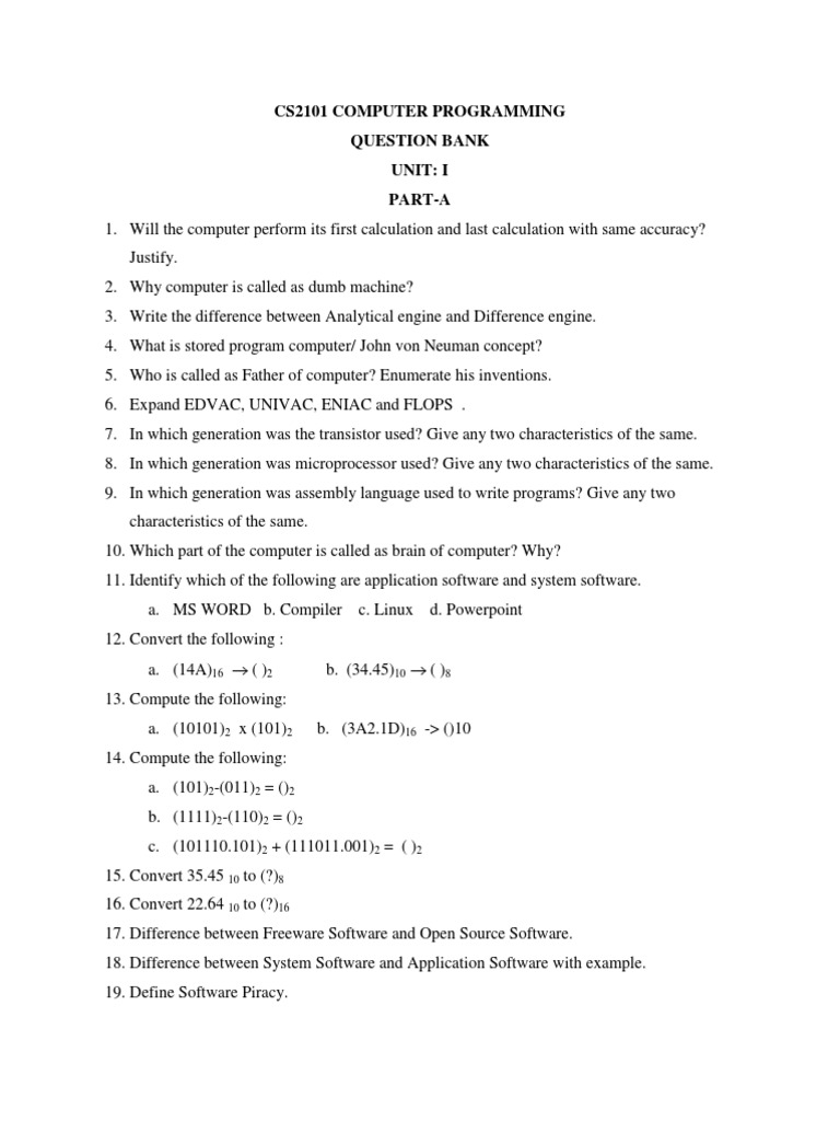 CP Question Bank Unit I and II | PDF | Computer Program | Programming