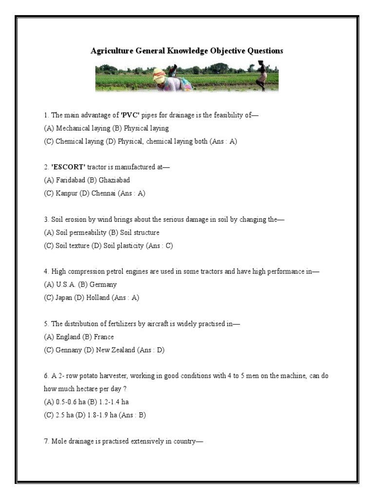 Agriculture General Knowledge Objective Questions | PDF | Plough | Belt ...