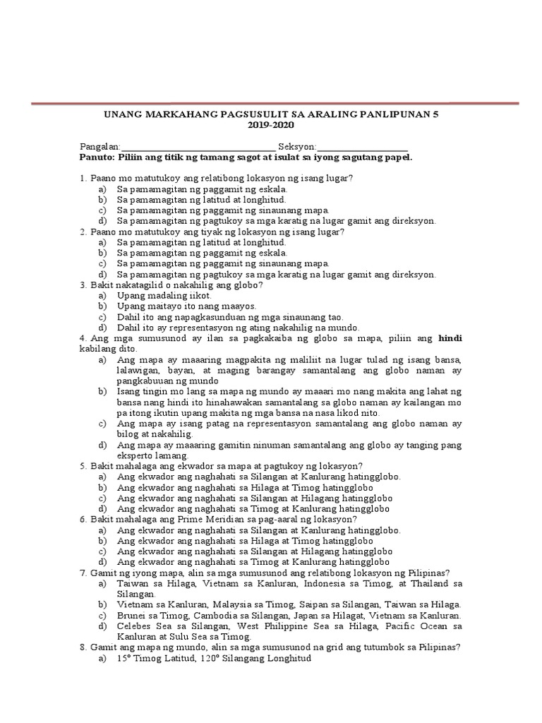 1st Periodical Exam AP 5 - With TOS and Answer Key | PDF
