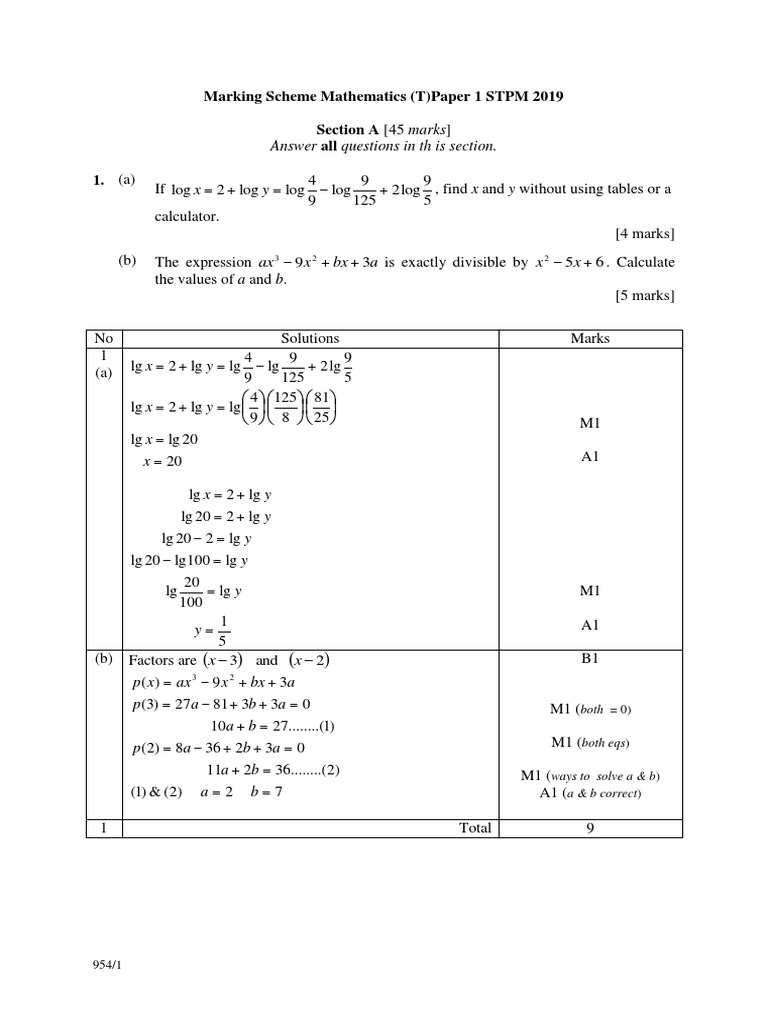 Answer All Questions in TH Is Section.: Marking Scheme Mathematics (T ...
