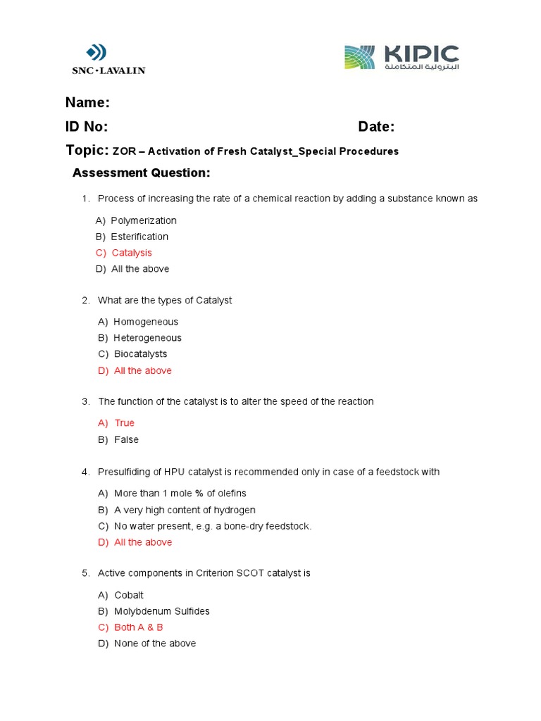 Answer Key-Catalyst Activation - Special Procedures | PDF | Catalysis ...