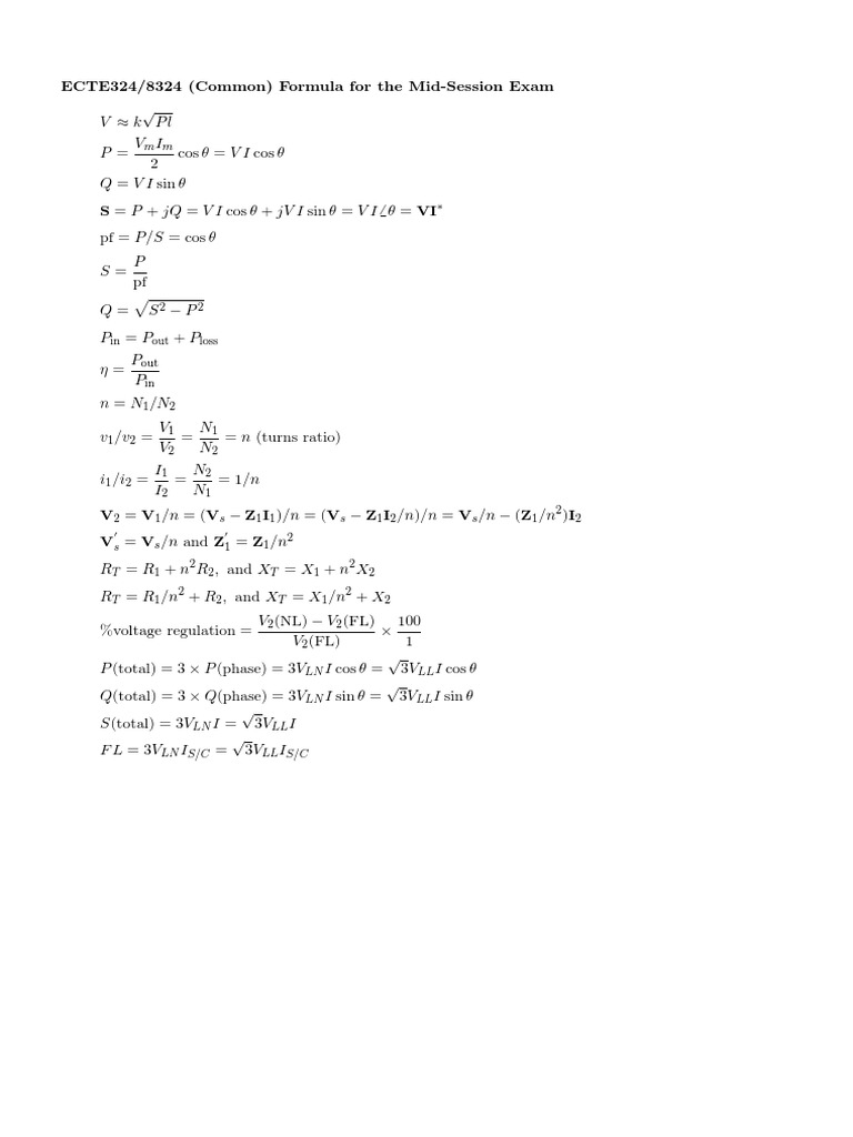 Formula Sheet for Mid-Session Electrical Engineering Exam | PDF