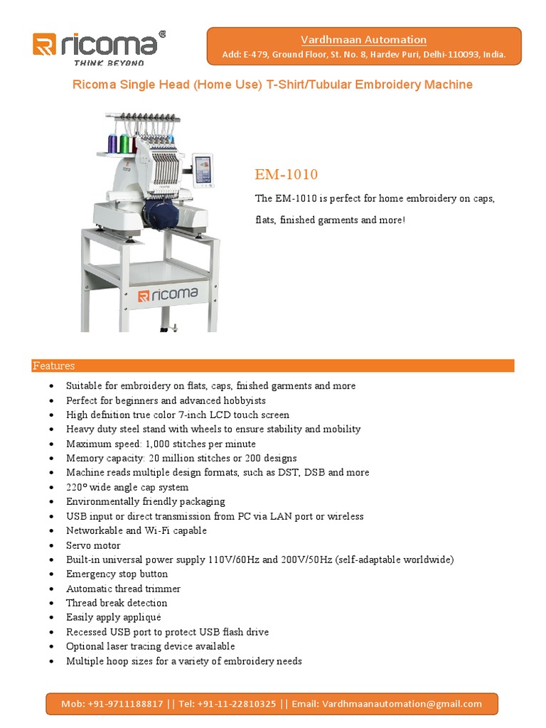 Ricoma Em1010 Embroidery Machine Delhi PDF | PDF | Embroidery ...