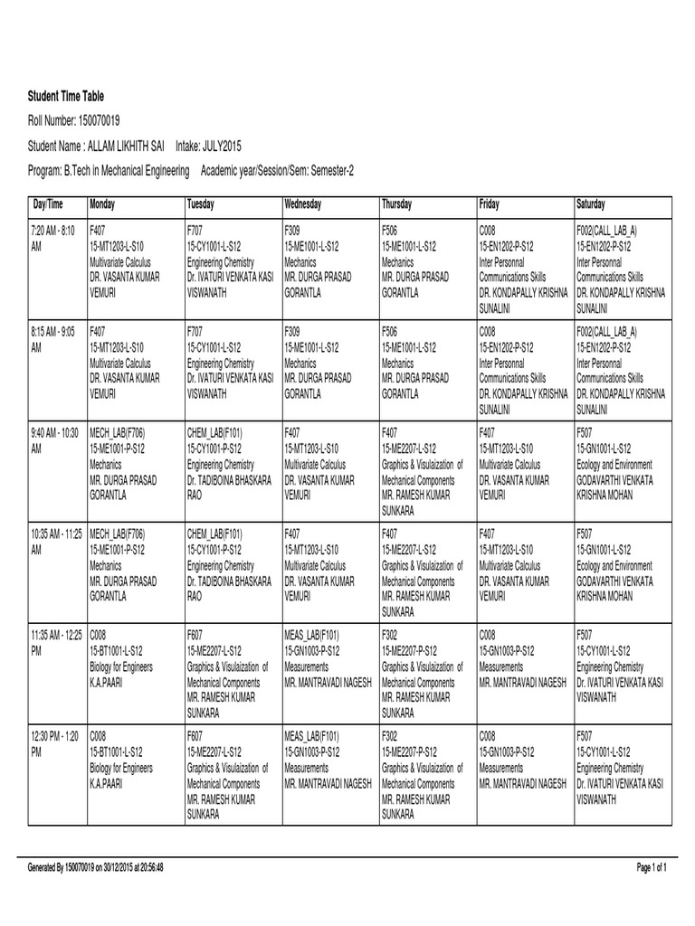Student Time Table Report | PDF | Engineering | Nature