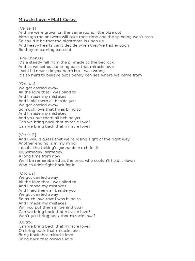 Miracle Love by Matt Corby Lyrics | PDF