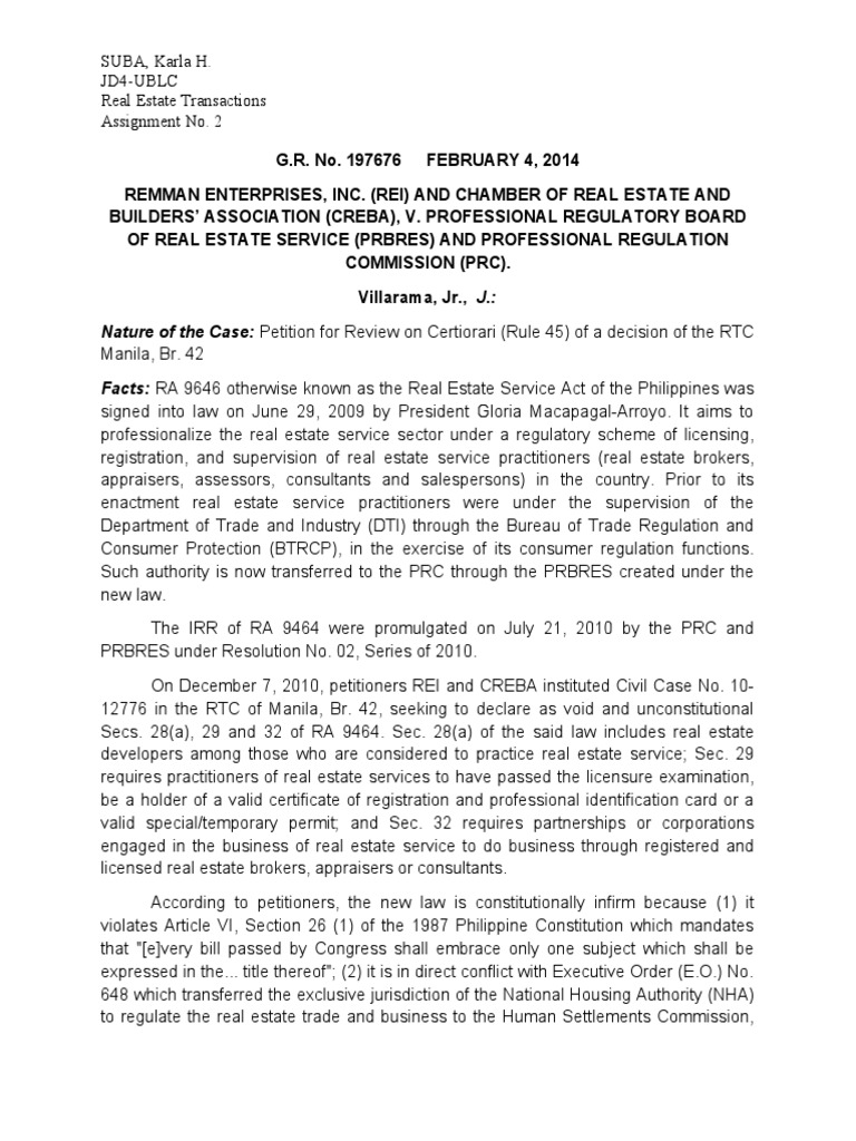 Remman Enterprises vs. PRBRES and PRC | PDF | Real Estate Broker ...