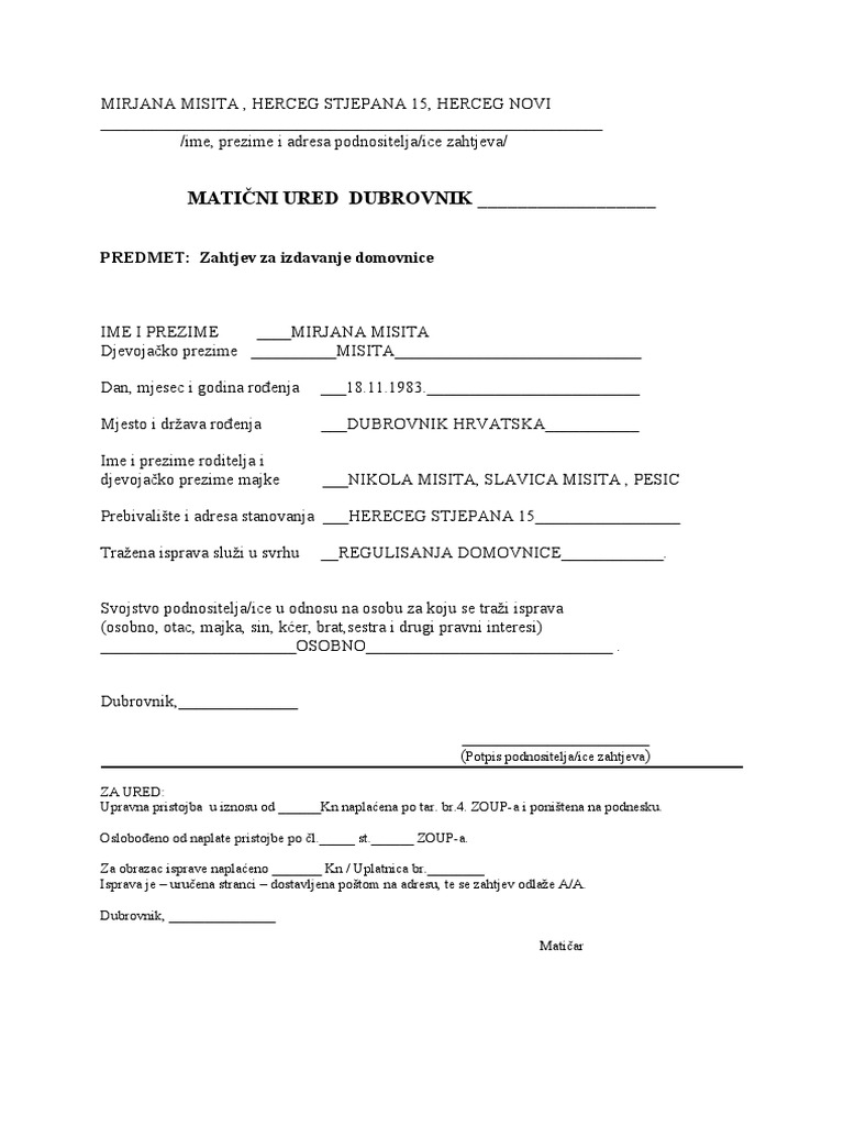 Zahtjev Za Izdavanje Domovnice | PDF