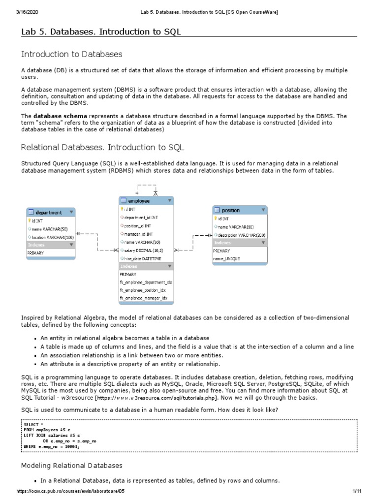 Lab 5. Databases. Introduction To SQL (CS Open CourseWare) | PDF ...