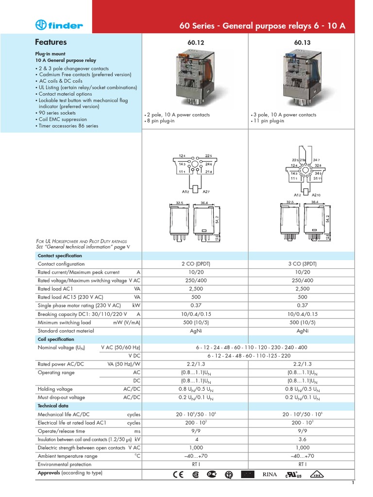Finder 60 Series Relay Specifications | PDF | Alternating Current | Relay
