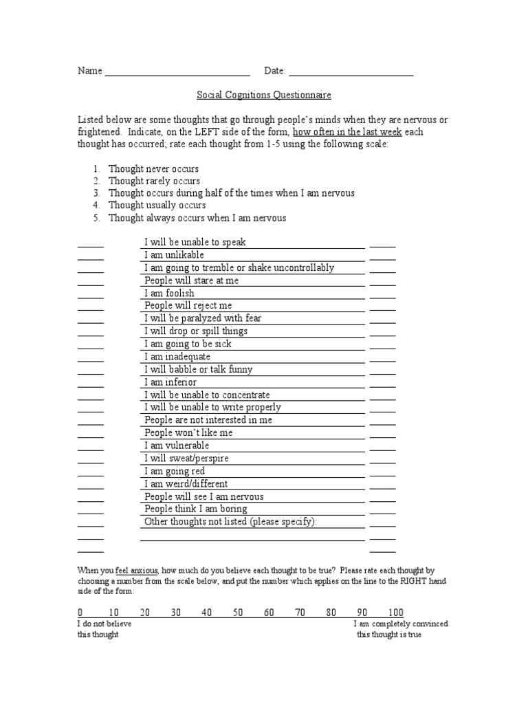 Social Cognitions Questionnaire Template | PDF | Thought | Clinical ...