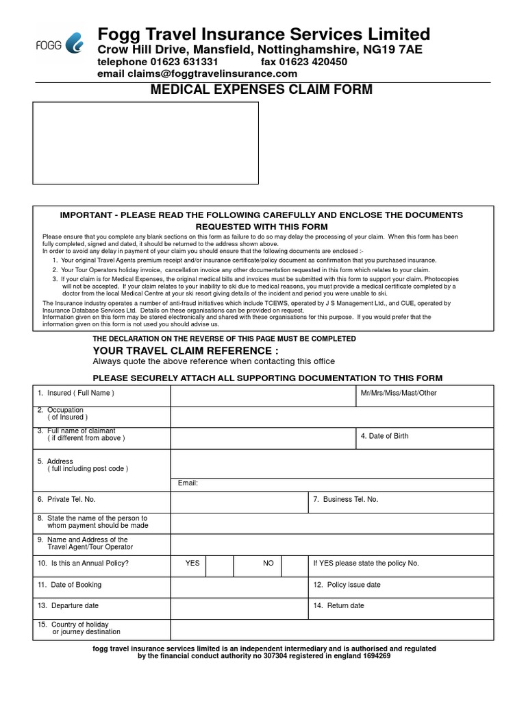 Fogg Travel Insurance Services Limited: Medical Expenses Claim Form ...