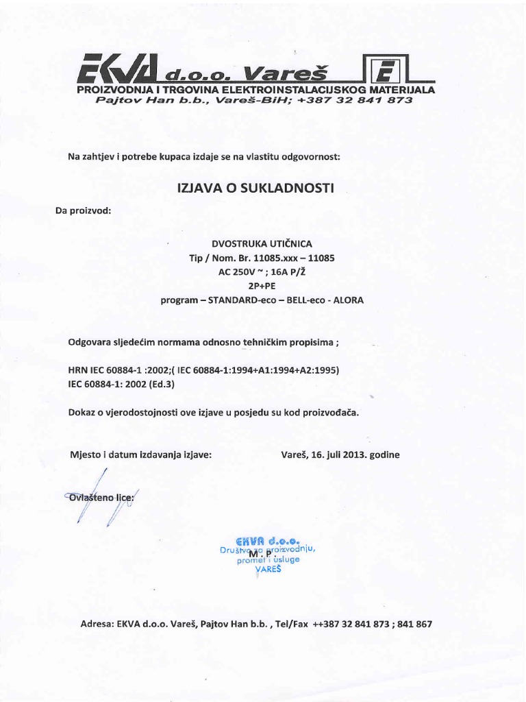 Izjava o Sukladnosti Dvostruke Utičnice | PDF