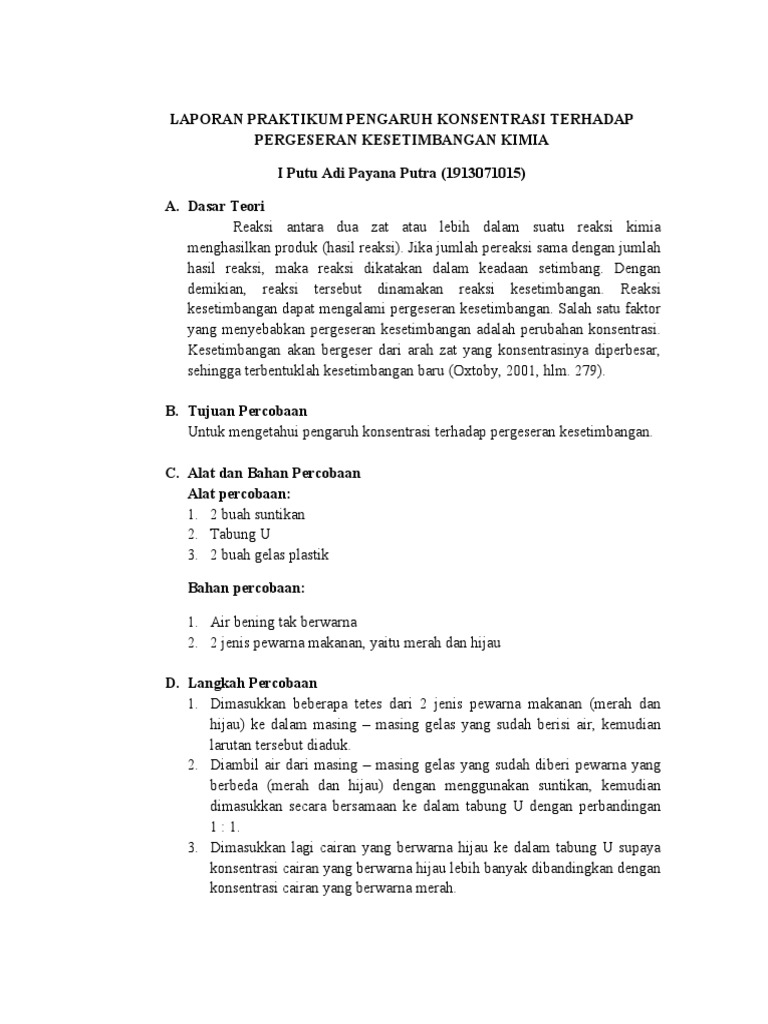 Laporan Praktikum Pengaruh Konsentrasi Terhadap Pergeseran Kesetimbangan Kimia | PDF
