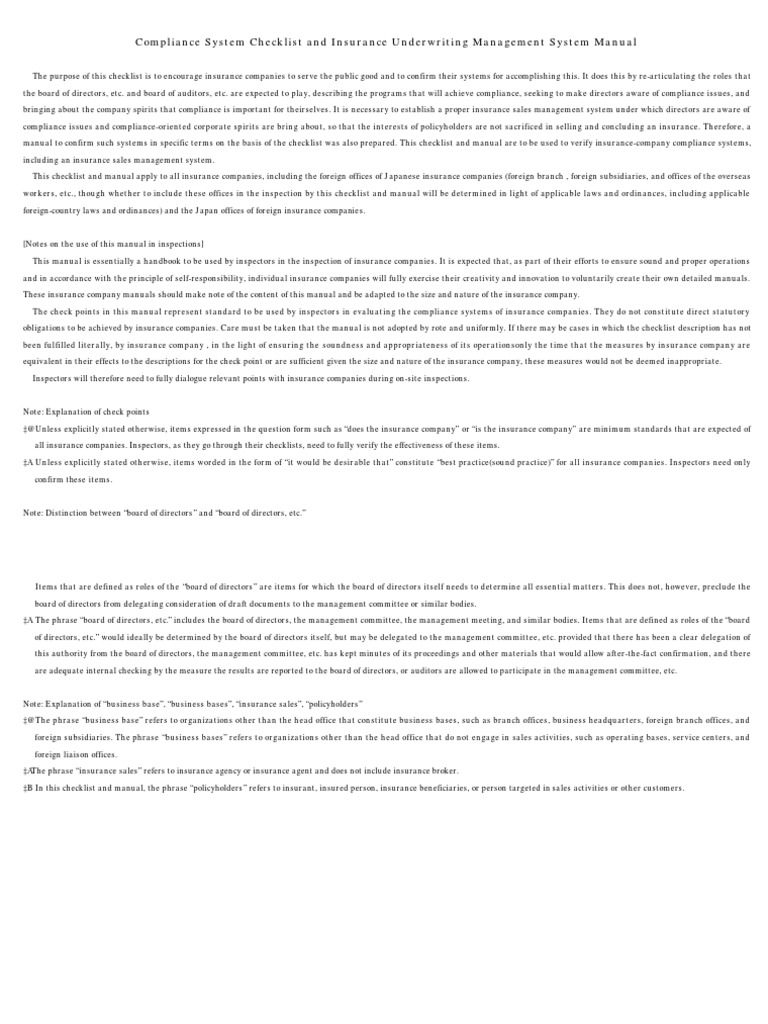 Compliance System Checklist and Insurance Underwriting Management ...