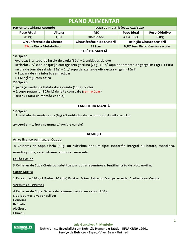 Plano Alimentar1 PDF | PDF | Nutrição humana | Alimentos