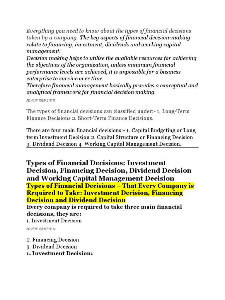Types of Financial Decisions: Investment Decision, Financing Decision ...