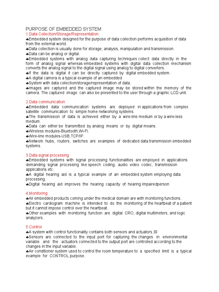 Purpose of Embedded System | PDF | Embedded System | Data Transmission
