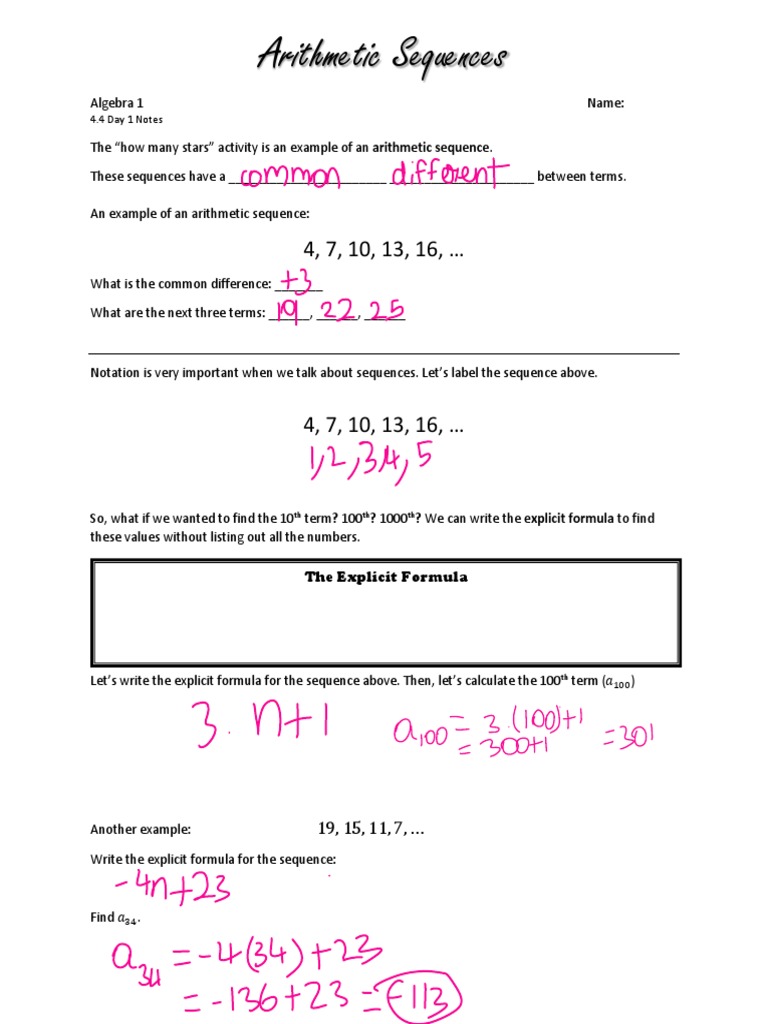 11 - 4.4 Day 1 Notes (Arithmetic Sequences) - 1 PDF | PDF | Sequence ...