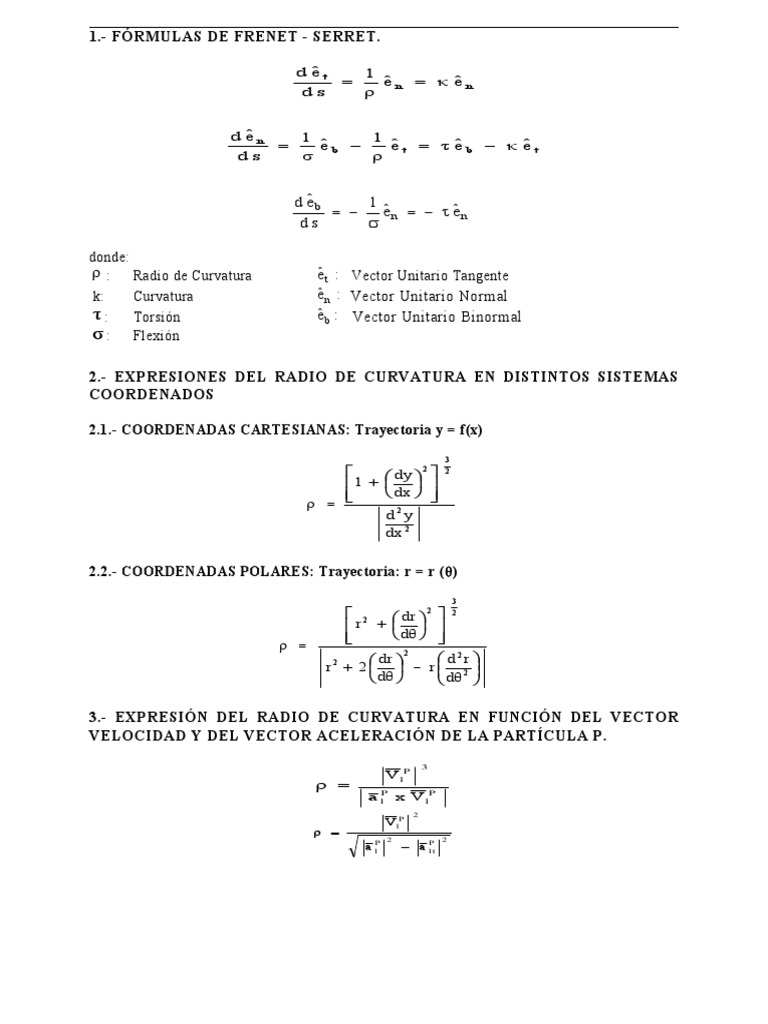 Formulas de Frenet y Radio de Curvatura | PDF | Colector | Objetos ...