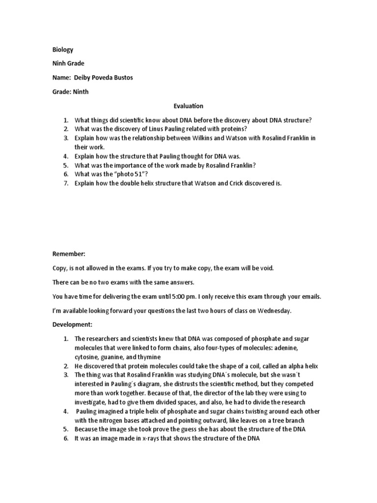 DNA Structure Exam Ninth Grade | PDF