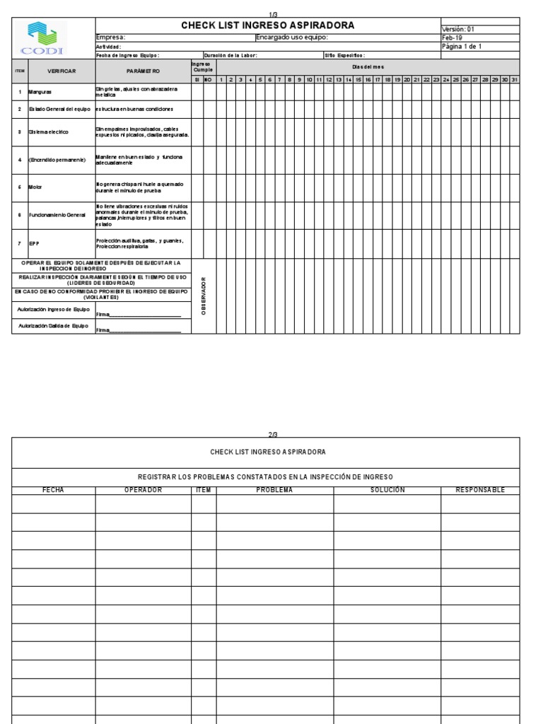 Check List Ingreso Aspiradora | PDF