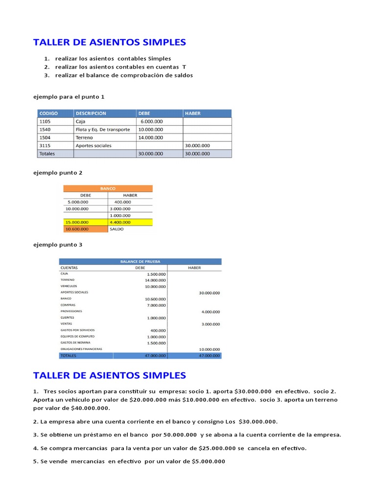 Taller 1 Asientos Contables Simples | PDF | Servicios financieros ...