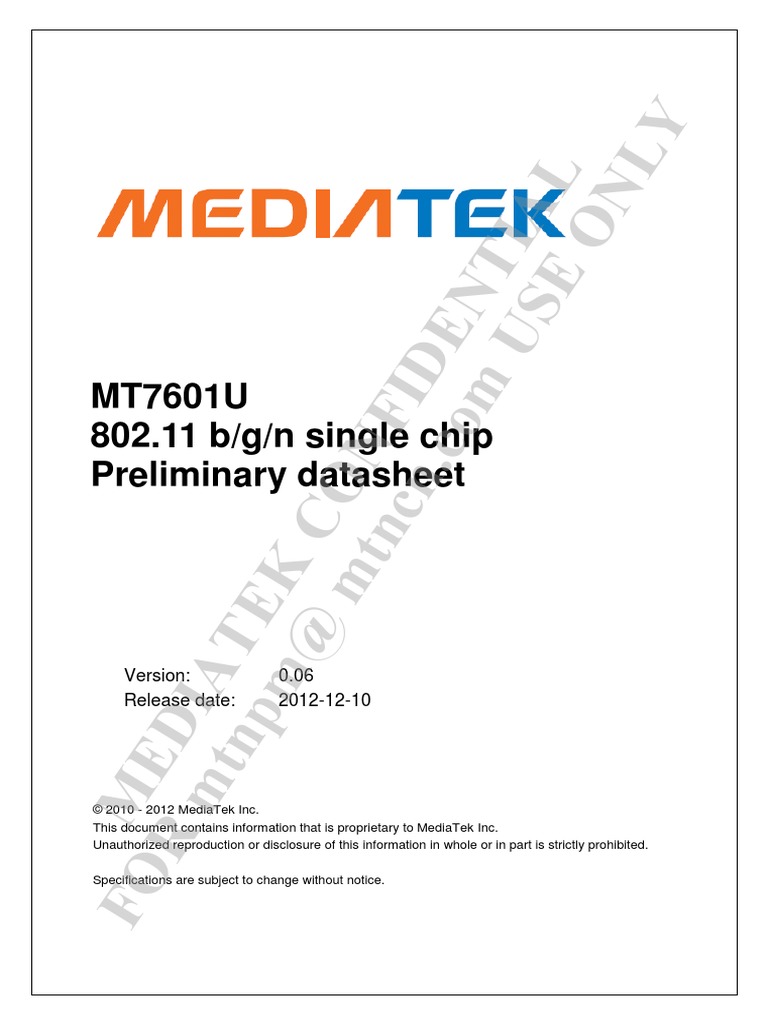 Mediatek Confidential: MT7601U 802.11 B/G/N Single Chip Preliminary ...