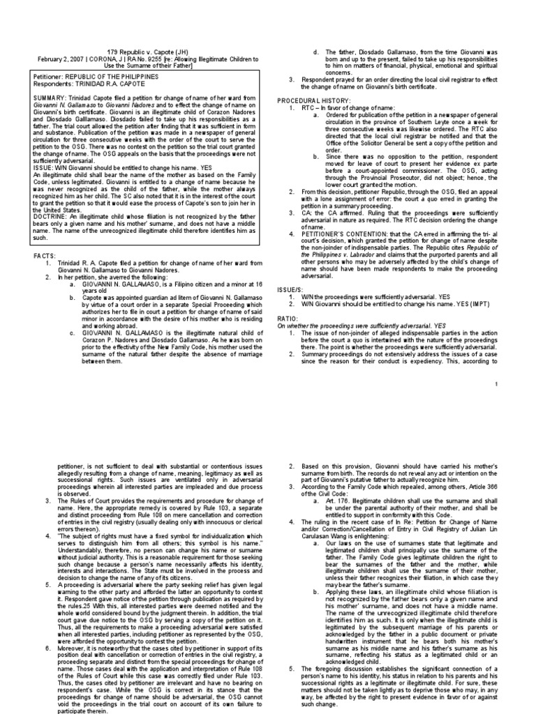 179 Republic v. Capote (JH) | PDF | Legitimacy (Family Law) | Virtue