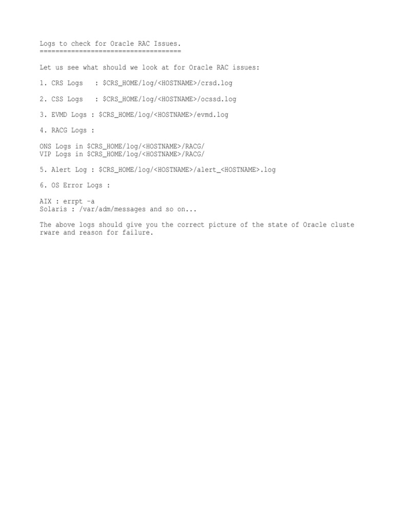 Logs To Check For Oracle RAC Issues | PDF | Teaching Methods & Materials