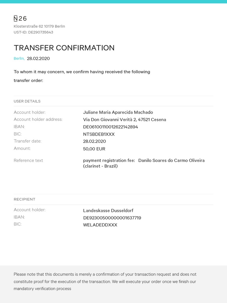 Transfer Confirmation: To Whom It May Concern, We Confirm Having ...