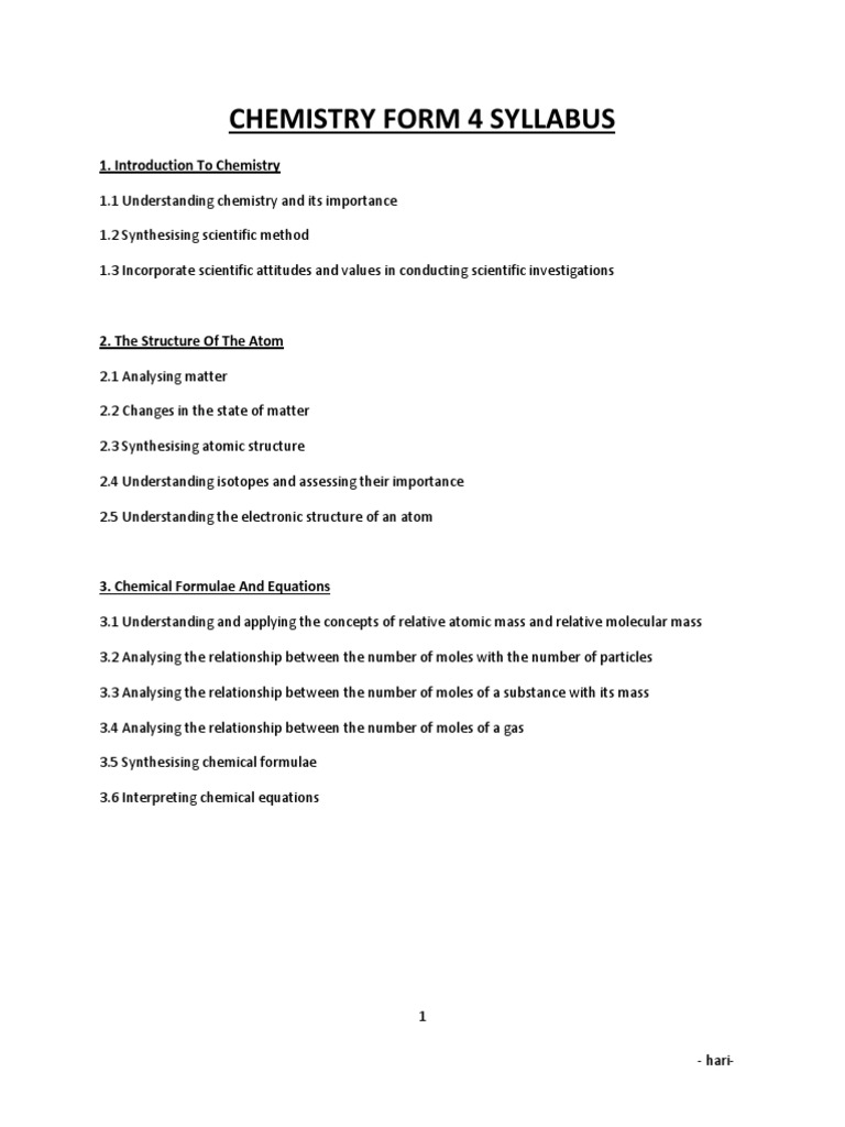 Chemistry SPM Syllabus | PDF | Chemical Reactions | Chemistry