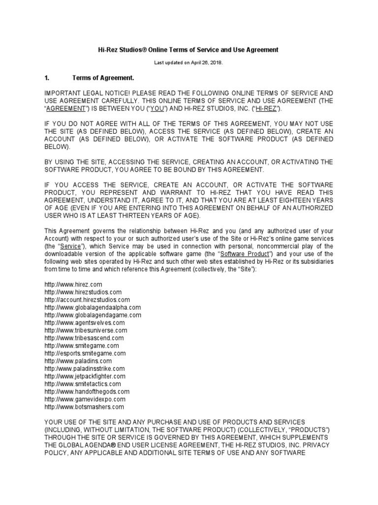 Hi-Rez Studios® Online Terms of Service and Use Agreement: Last Updated ...