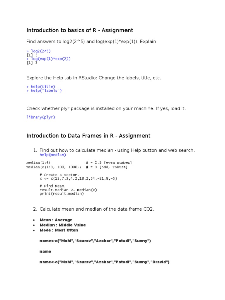 Introduction To Basics of R - Assignment: Log2 (2 5) Log (Exp (1) Exp (2) ) | PDF | Directory ...
