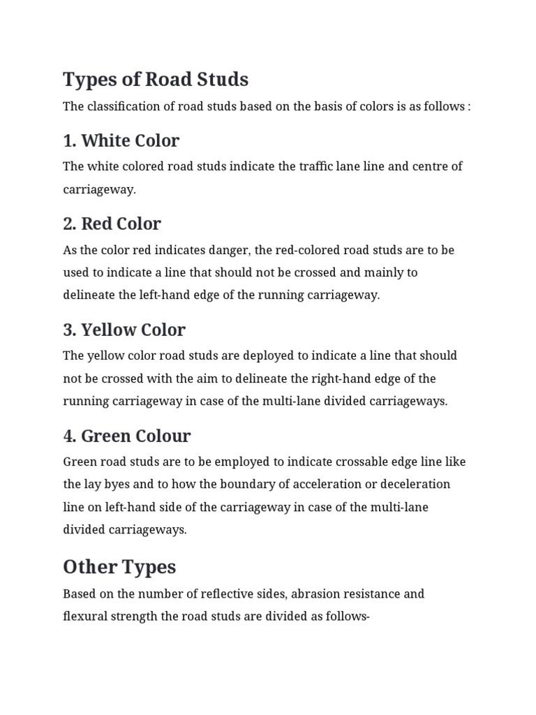 Types of Road Studs: 1. White Color | PDF