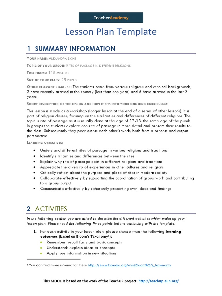Lesson Plan Template: 1 Summary Information | PDF | Educational ...