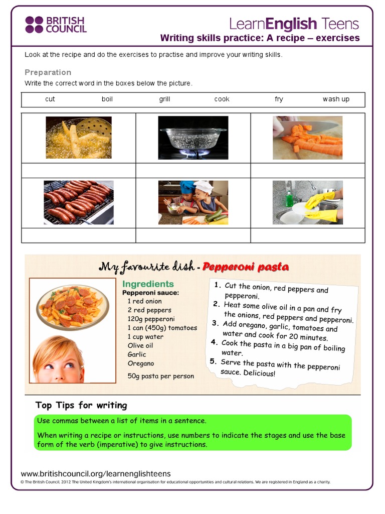 Writing Skills Practice: A Recipe - Exercises: Preparation | PDF ...