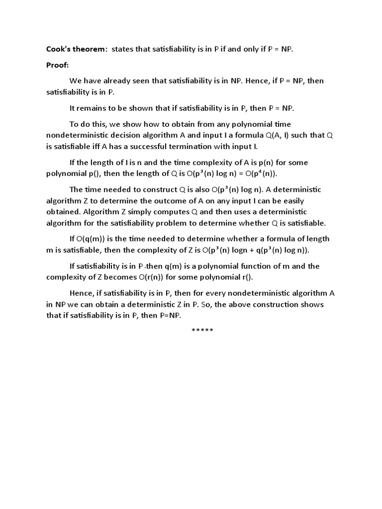 Cook's Theorem: States That Satisfiability Is in P If and Only If P NP ...