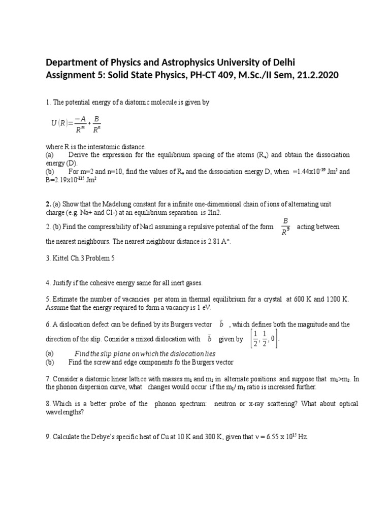 Department of Physics and Astrophysics University of Delhi Assignment 5: Solid State Physics, PH ...