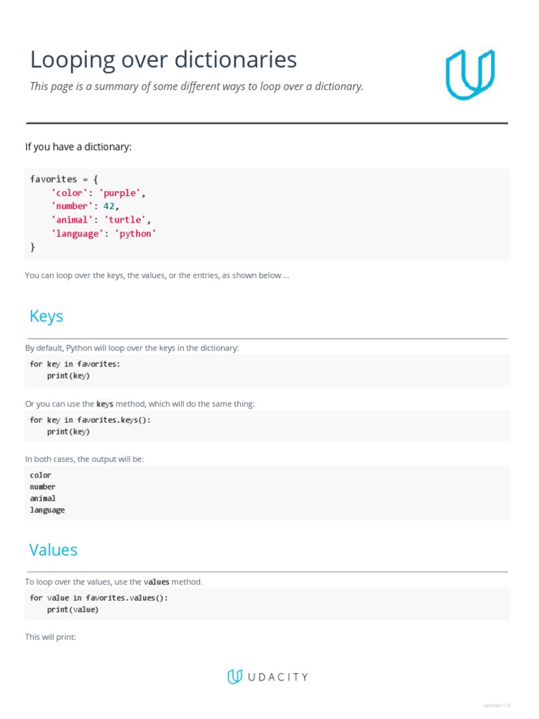 Ipnd Reference Sheet Looping Over Dictionaries | PDF | Computer Programming | Software Engineering