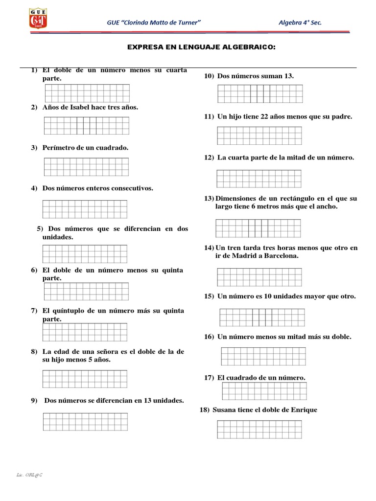 Ejerc. Leng. Algebraico 4° | PDF