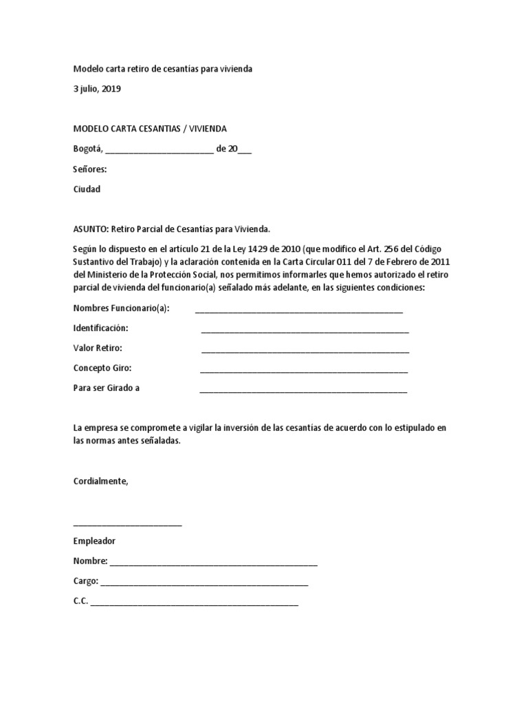 Modelo Carta De Solicitud De Cesantias Para Vivienda Modelo De Informe/carta De Cesantia
