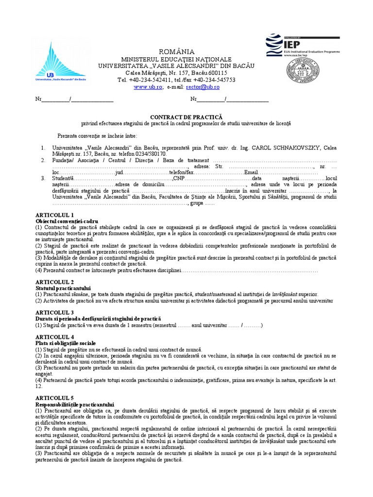 2017 2018 Model Contract de Practica Studenţi Stagiu de Practica | PDF
