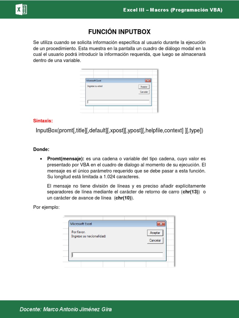 Funciones Inputbox y Msgbox Excel Vba | PDF | Macro (informática) | Microsoft Excel