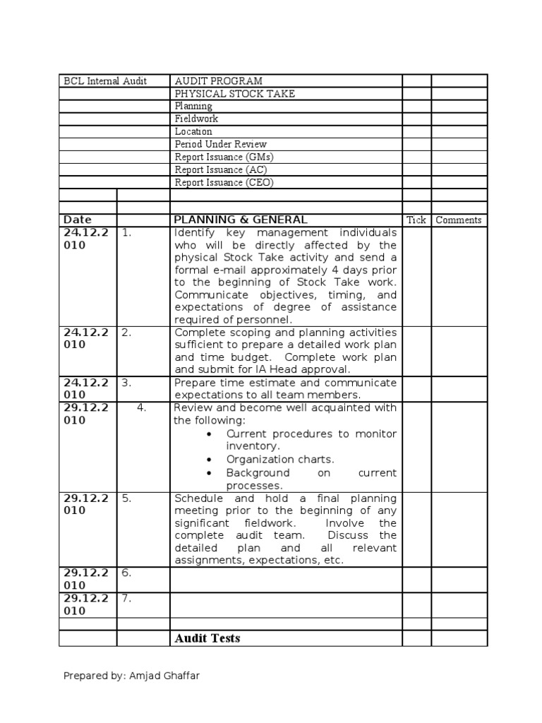AG Physical Stock Take Audit Program | Internal Control | Inventory