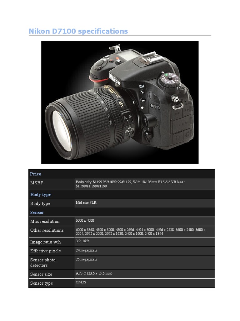 Nikon D7100 Specifications: Price | PDF | Live Preview | Digital Camera