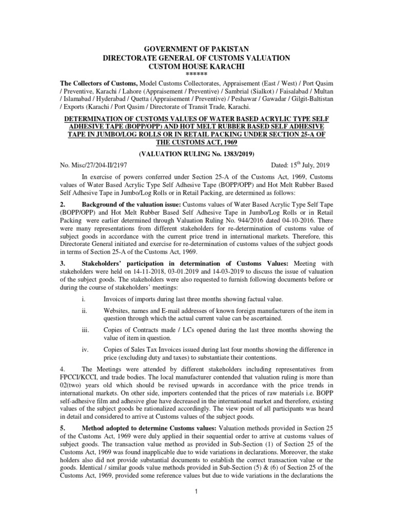 Valuation Ruling Bopp Tape | PDF | Customs | Karachi