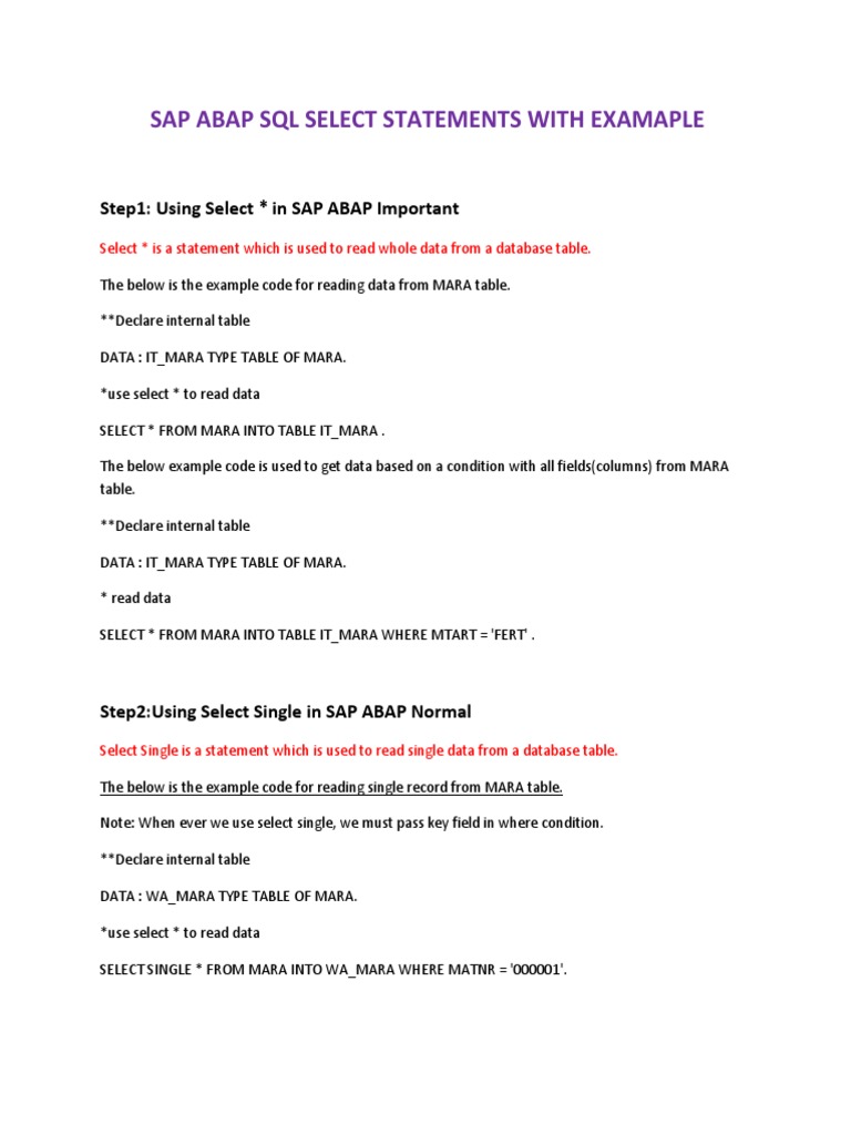 Sap Abap Sql Select Statements With Examaple Pdf Table Database Science And Technology 