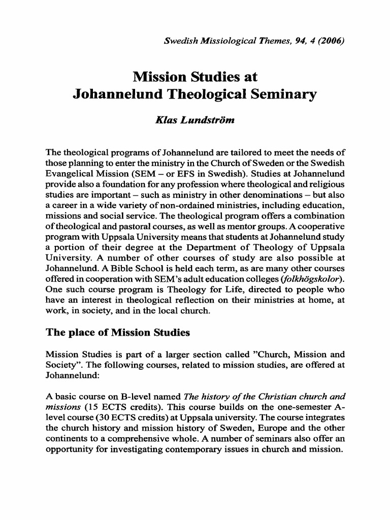 Mission Studies at Johannelund Theological Seminary: Klas Lundström ...